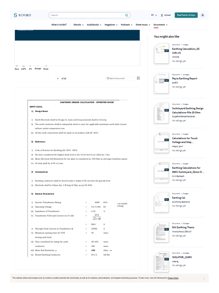 WWW Scribd Com Document 447506866 Solar Array Earthing Calculation | PDF
