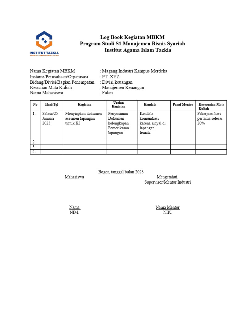 Contoh Log Book Laporan Harian Magang MBKM | PDF