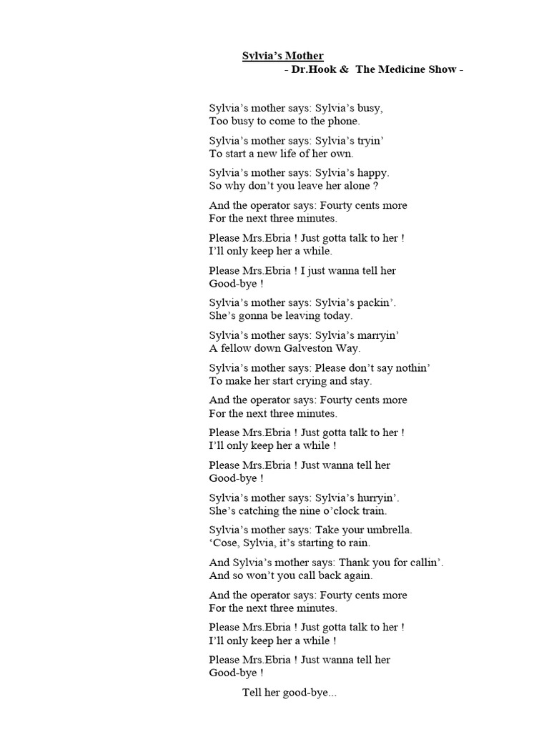 Dr Hook And Medicine Show Sylvias Mother Pdf