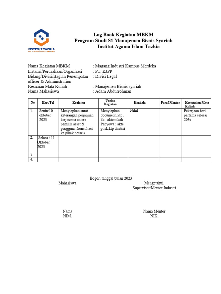 Contoh Log Book Laporan Harian Magang MBKM | PDF