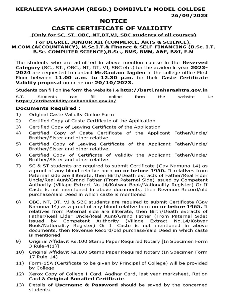 Caste Certificate of Validity Notice | PDF