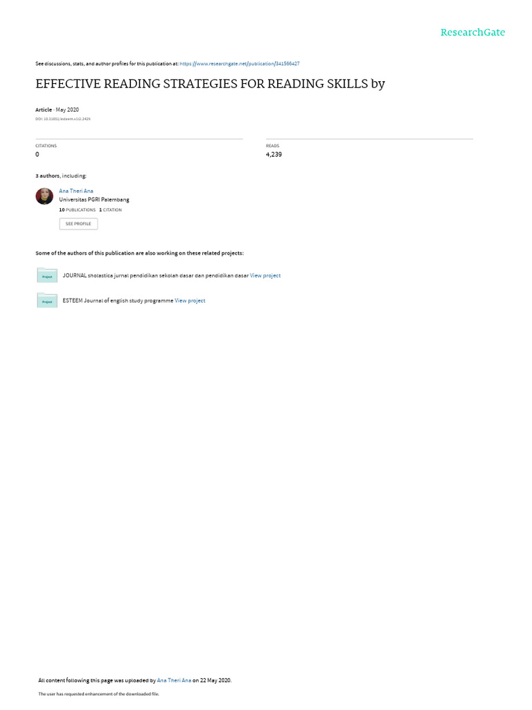 Effective Reading Strategies For Reading Skills By: Article | PDF