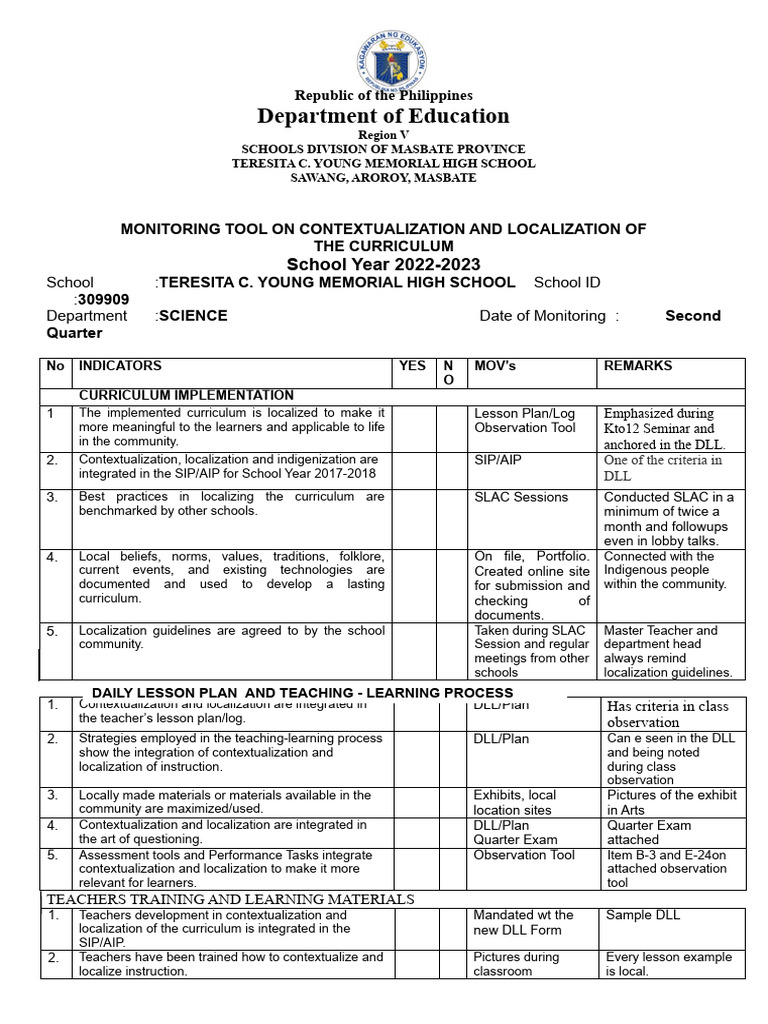 Monitoring Tool On Contextualization and | PDF | Teachers | Curriculum
