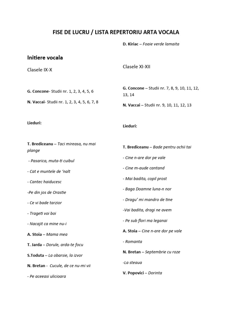 Fise de Lucru - Arta Vocala | PDF