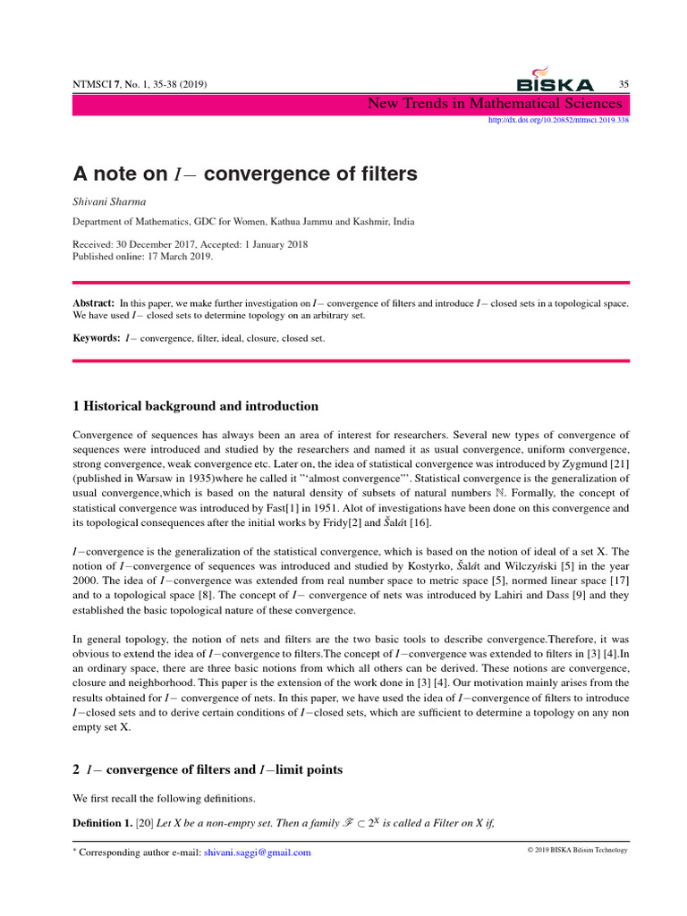 A Note On I Convergence of Filters | PDF | Limit (Mathematics) | Mathematics