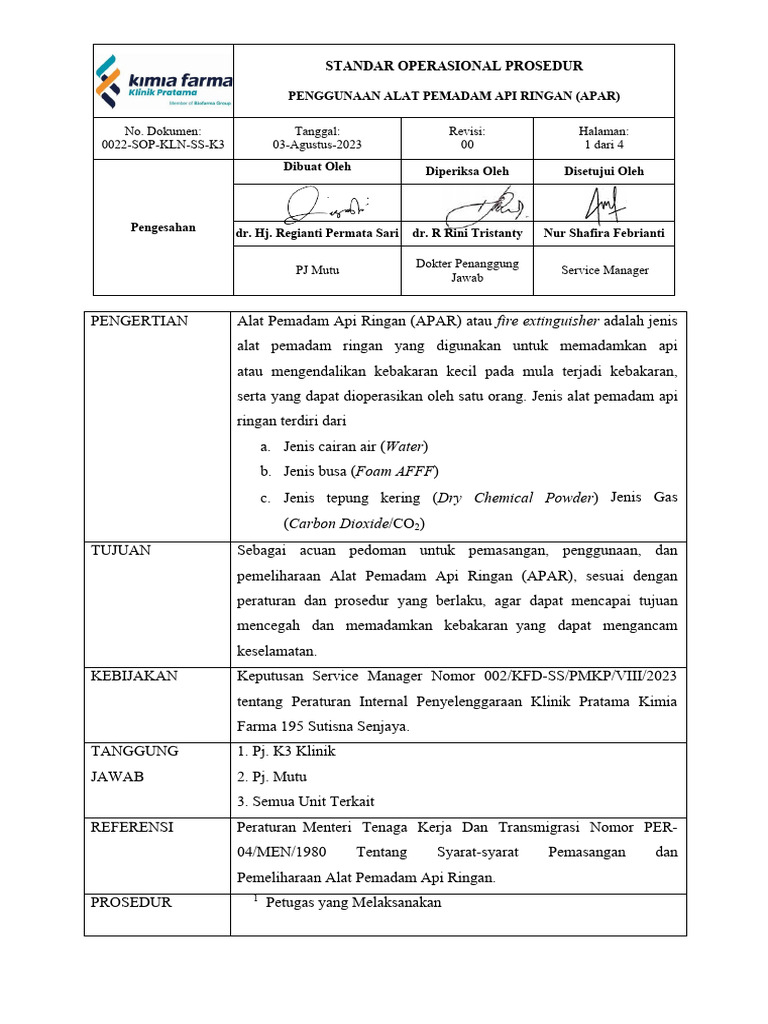 Sop Penggunaan Alat Pemadam Api Ringan (Apar) | PDF
