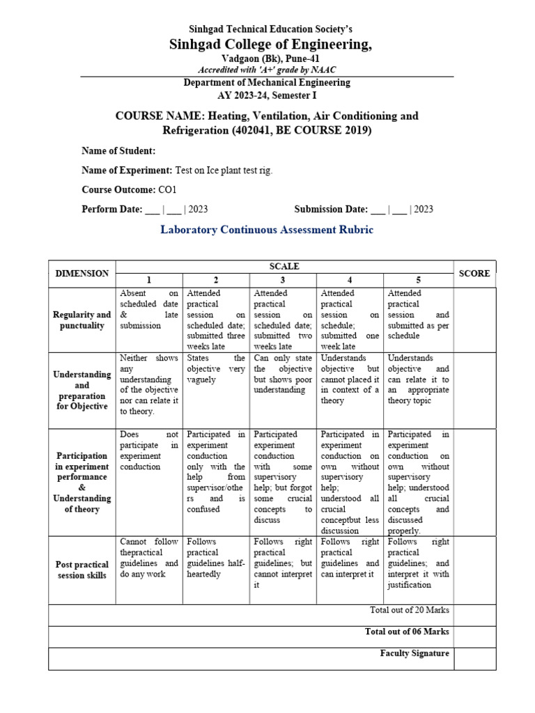 Updated Practical Rubrics Hvac R Pdf Experiment Mechanical