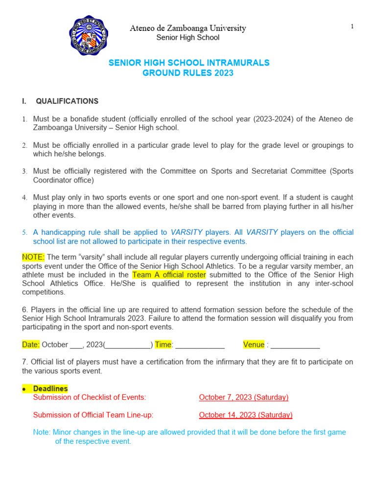 Intramurals 2023 Ground Rules SENIOR HIGH SCHOOL GROUND RULES | PDF ...