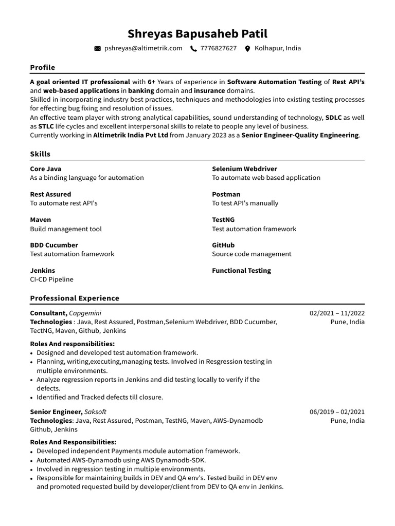 Shreyas - Bapusaheb Patil - Resume - 09-03-2023-14-10-48 | PDF | Selenium (Software) | Software ...