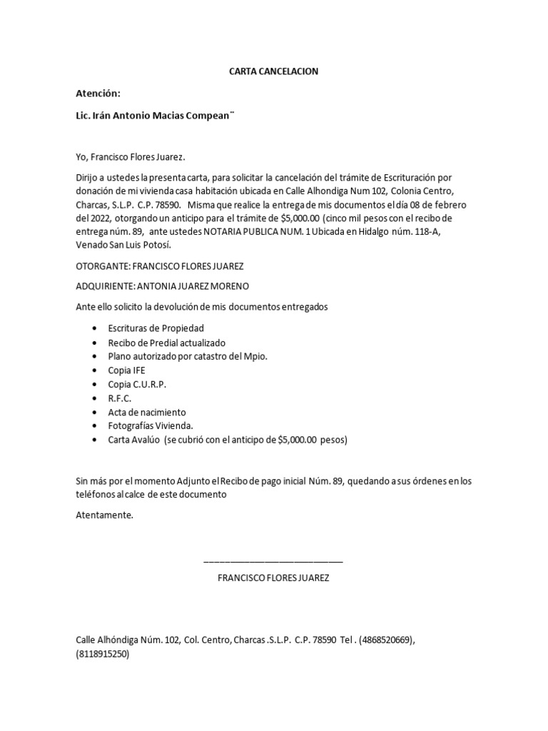 Carta Cancelacion | PDF | Derecho