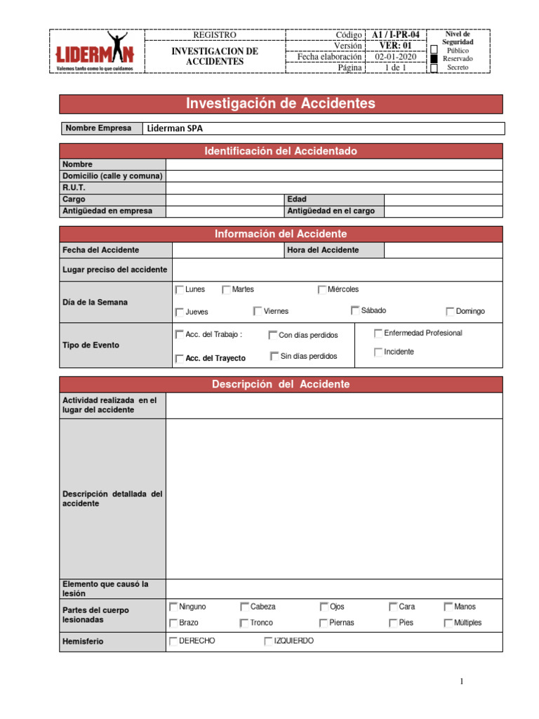 Formato en Blanco Investigación de Accidente | PDF