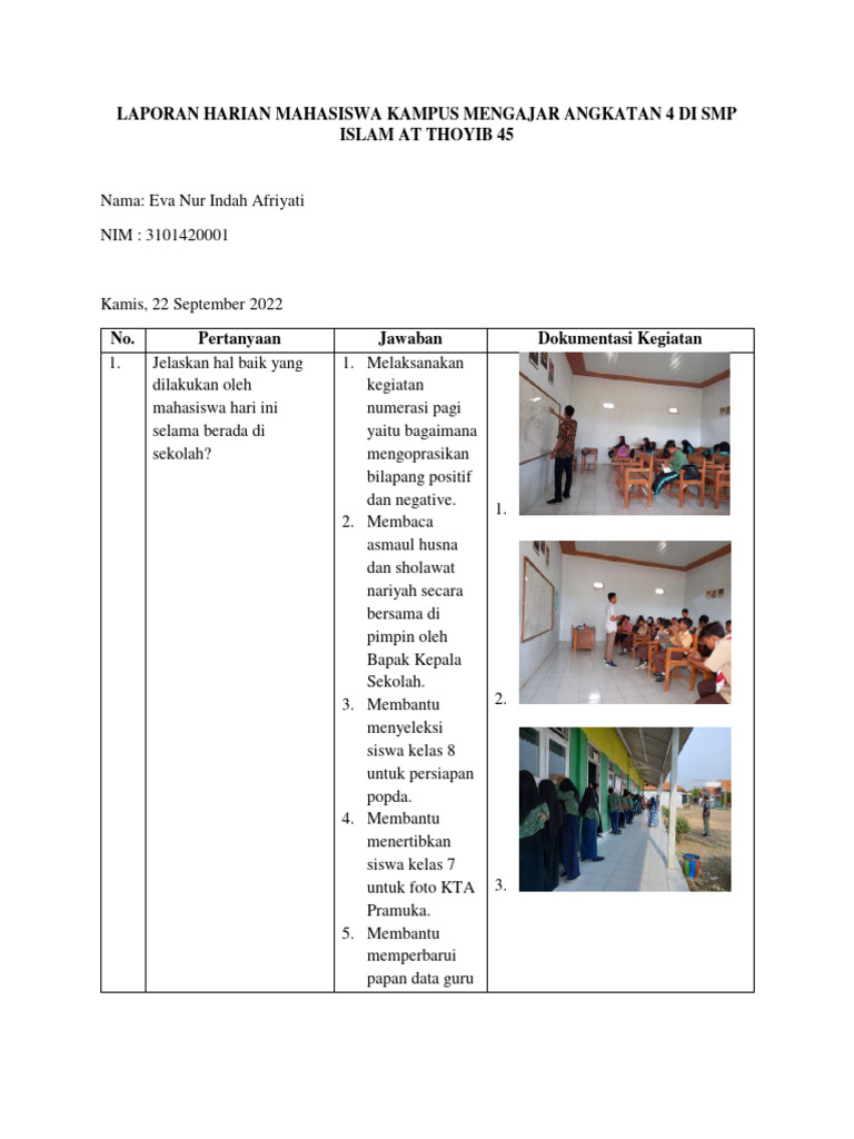 Kamis, 22 September 2022 KM4 SMP ISLAM AT THOYIB 45 Yatti | PDF