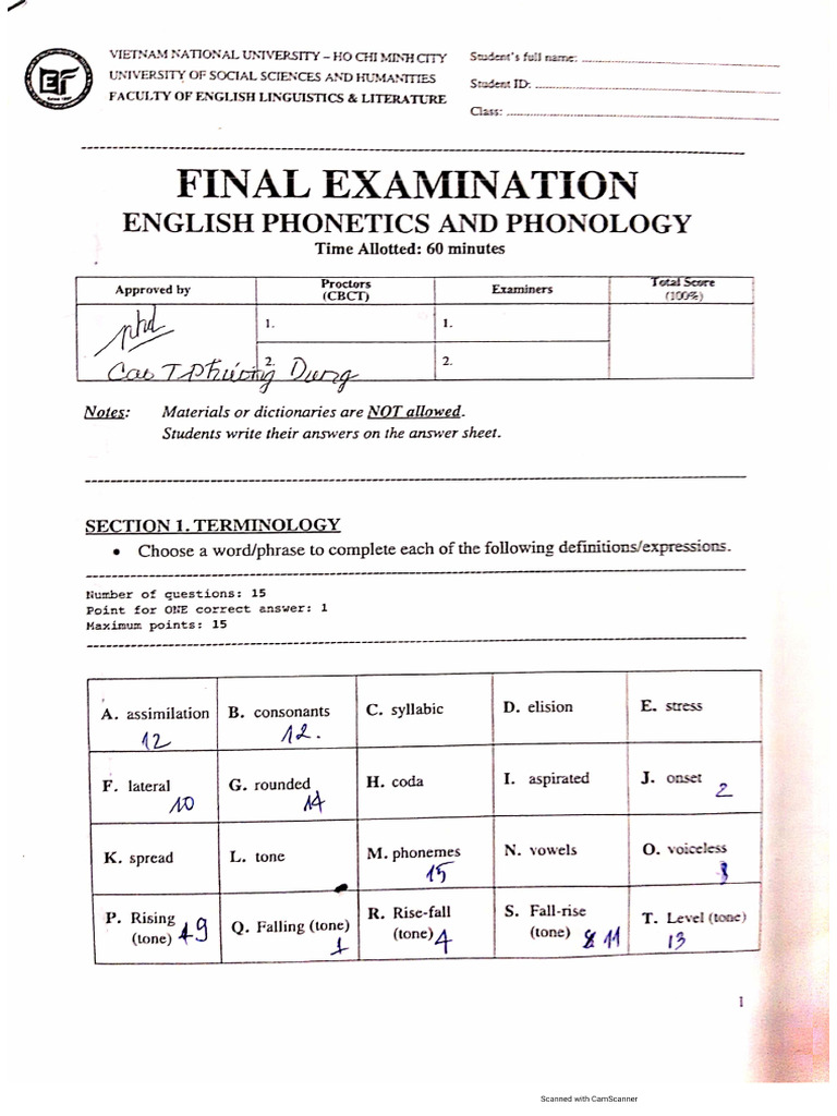 English Phonetics and Phonology - Final Sample Test 2019 | PDF