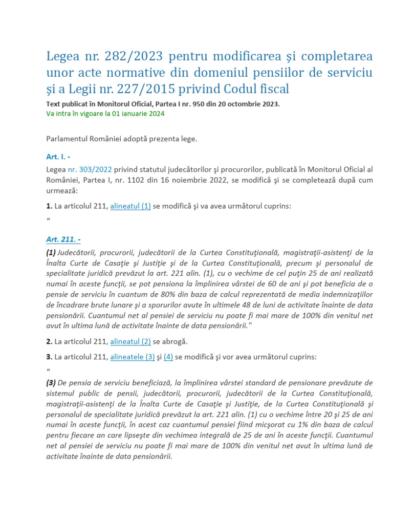 Legea Nr. 282 - 2023 Pentru Modificarea Şi Completarea Unor Acte Normative Din Domeniul ...