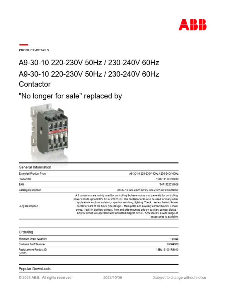 ABB A9-30-10 Contactor Datasheet | PDF | Technology & Engineering