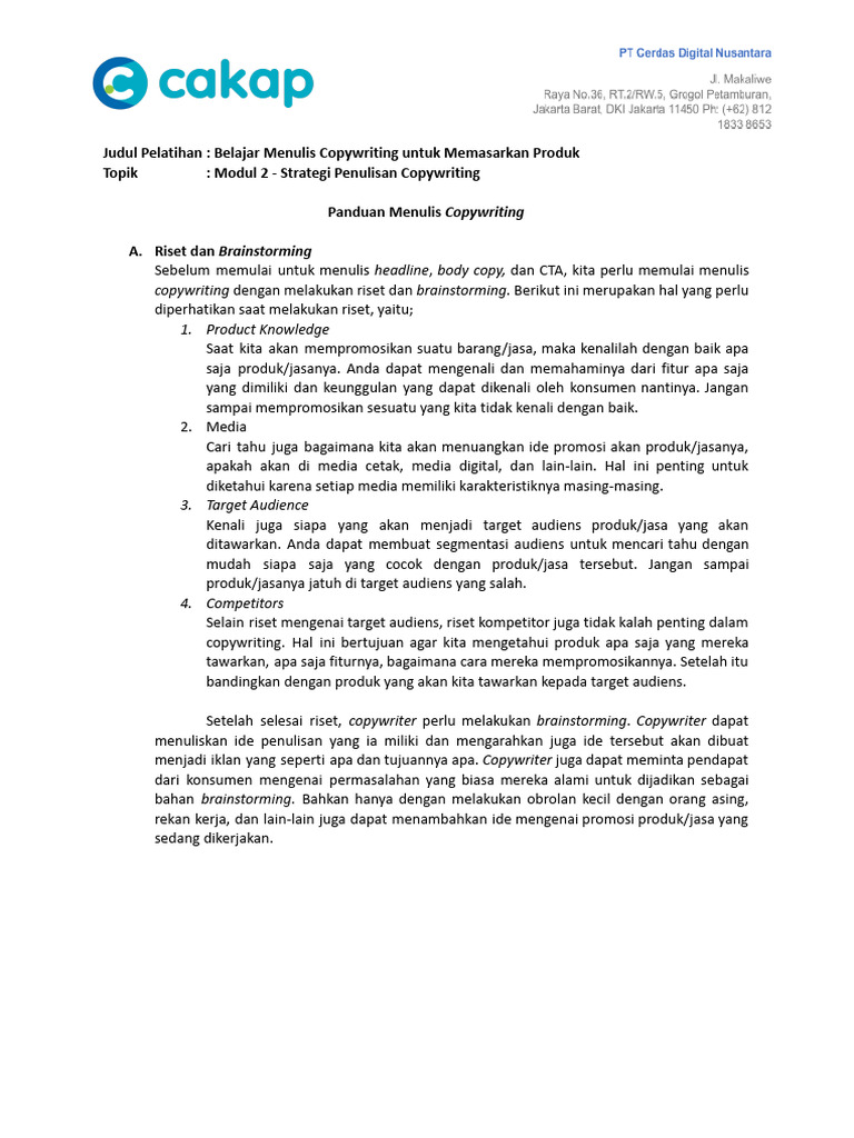 Handout Modul 2 - Panduan Menulis Copywriting | PDF