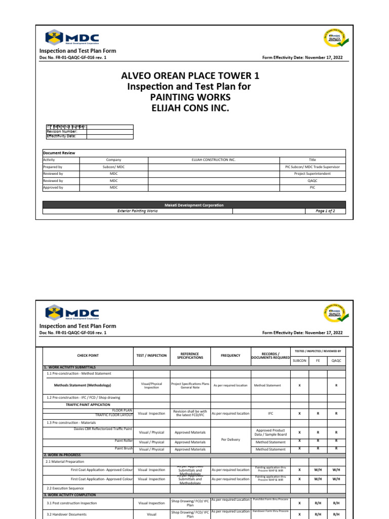FR 01 QAQC GF 016 ITP Format Project Level | PDF