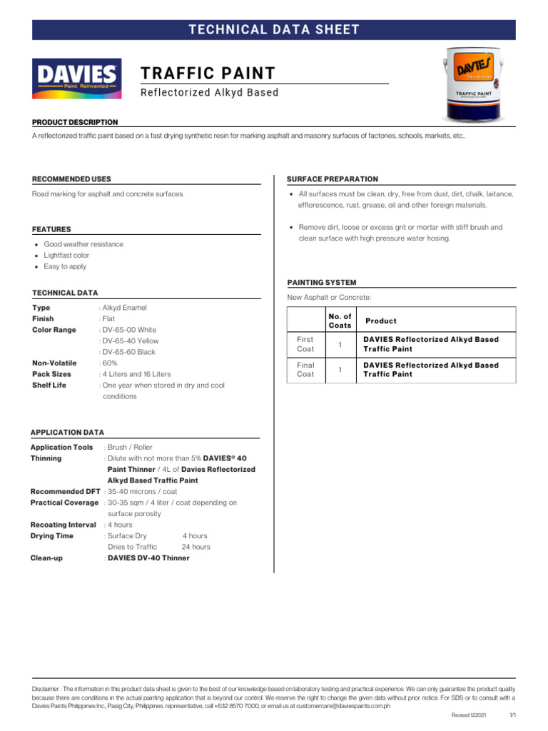 TDS-DV-65-XX - Traffic Paint Alkyd - Reflectorized | PDF