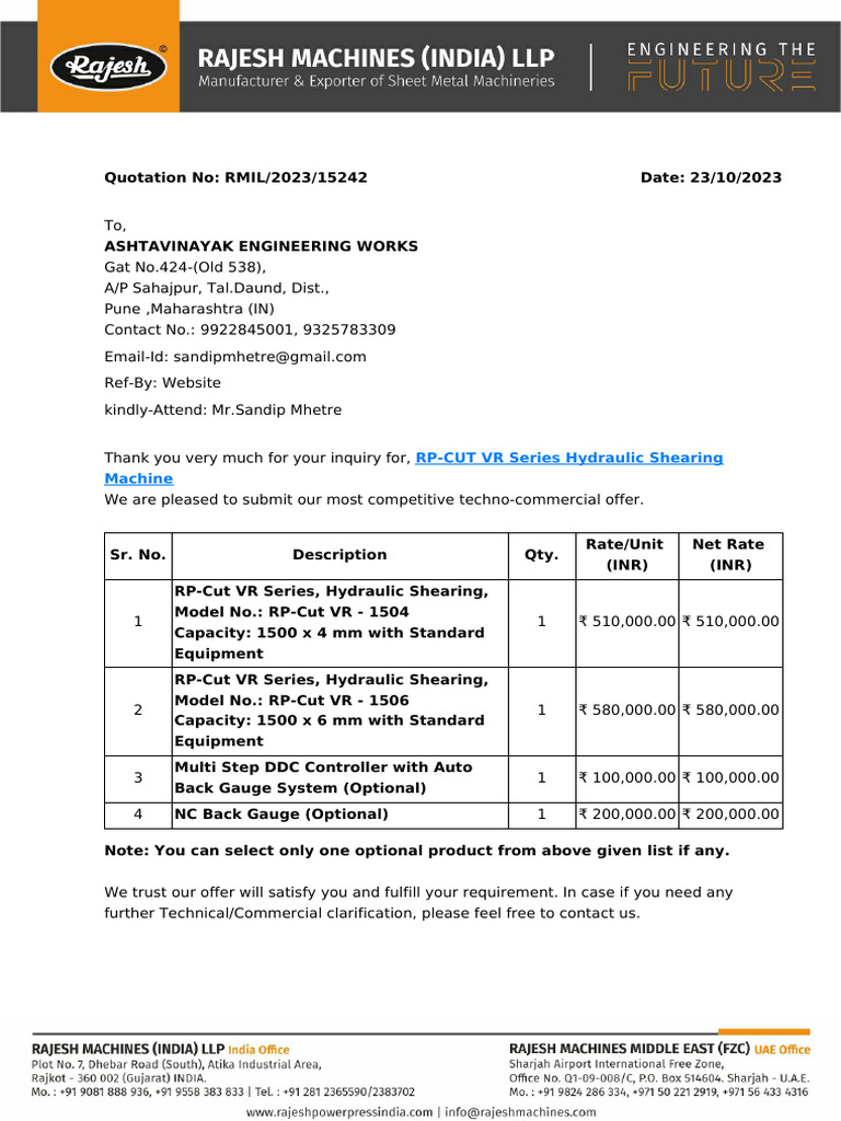 Quotation Hydraulic Shearing RMIL - 2023 - 15242 | PDF | Beam ...