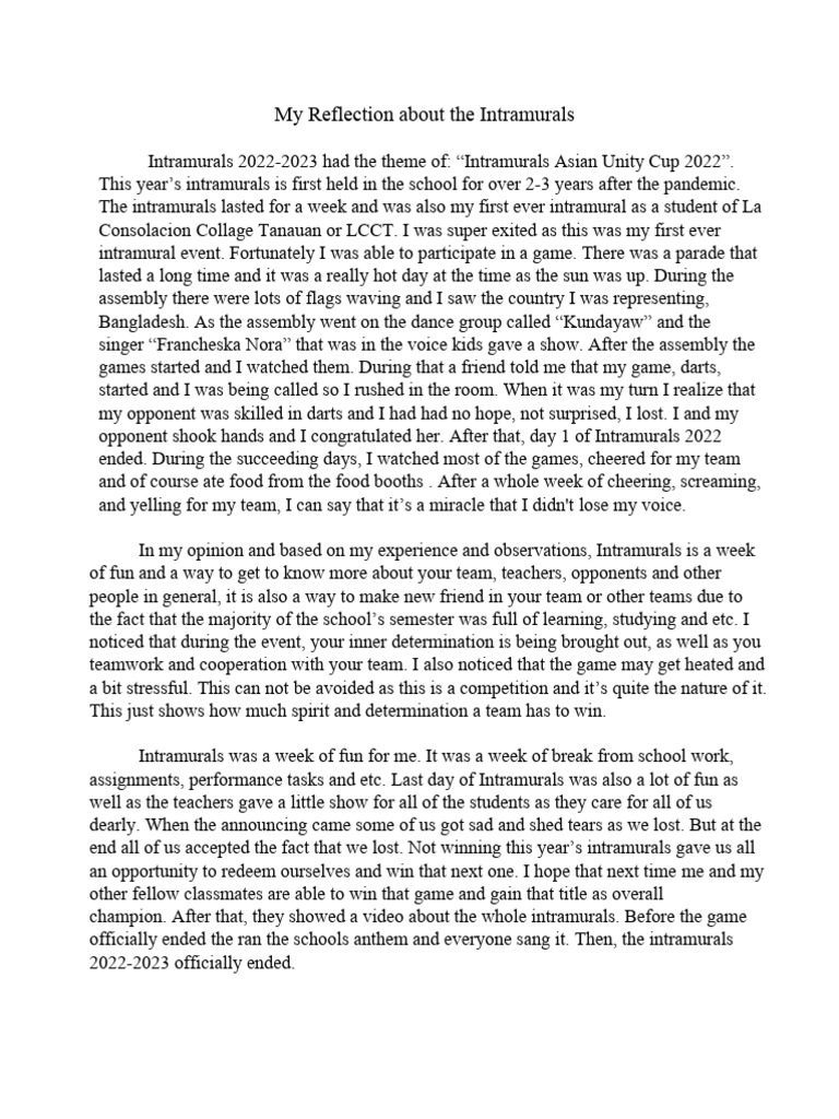 Reflection About My School's Intramurals | PDF