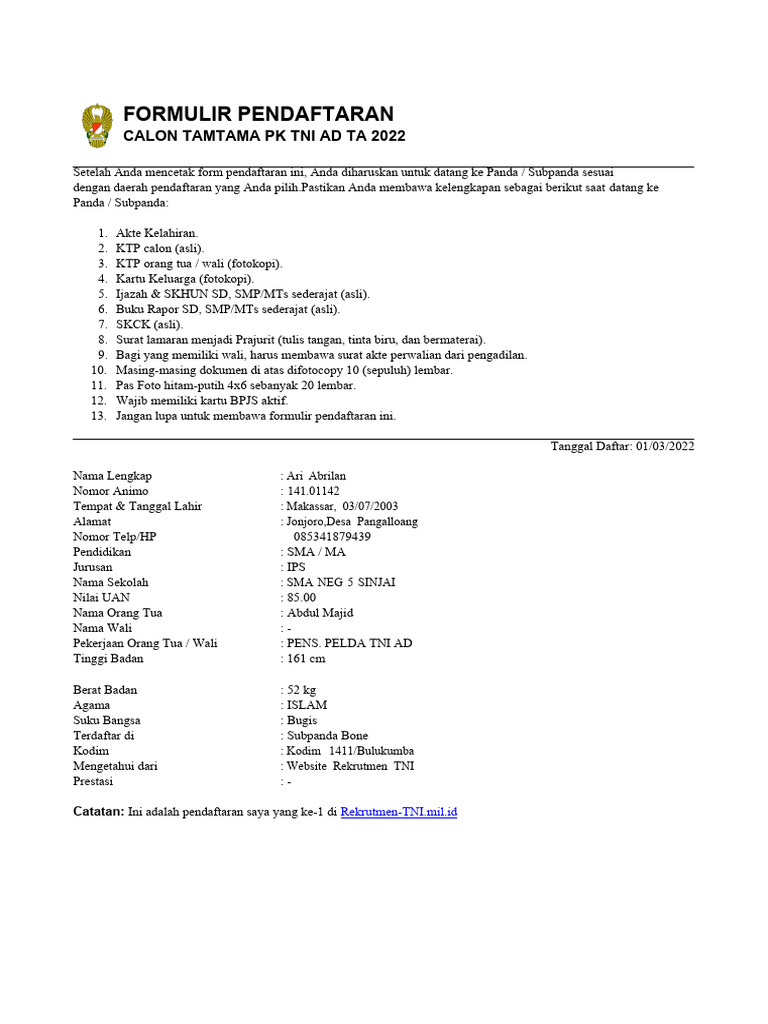 Formulir Pendaftaran TNI | PDF
