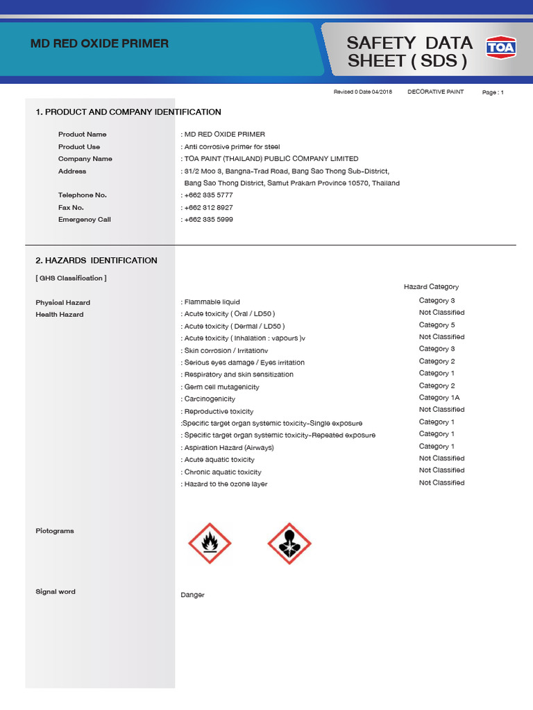 TOA Red Oxide Primer Safety Data Sheet | PDF