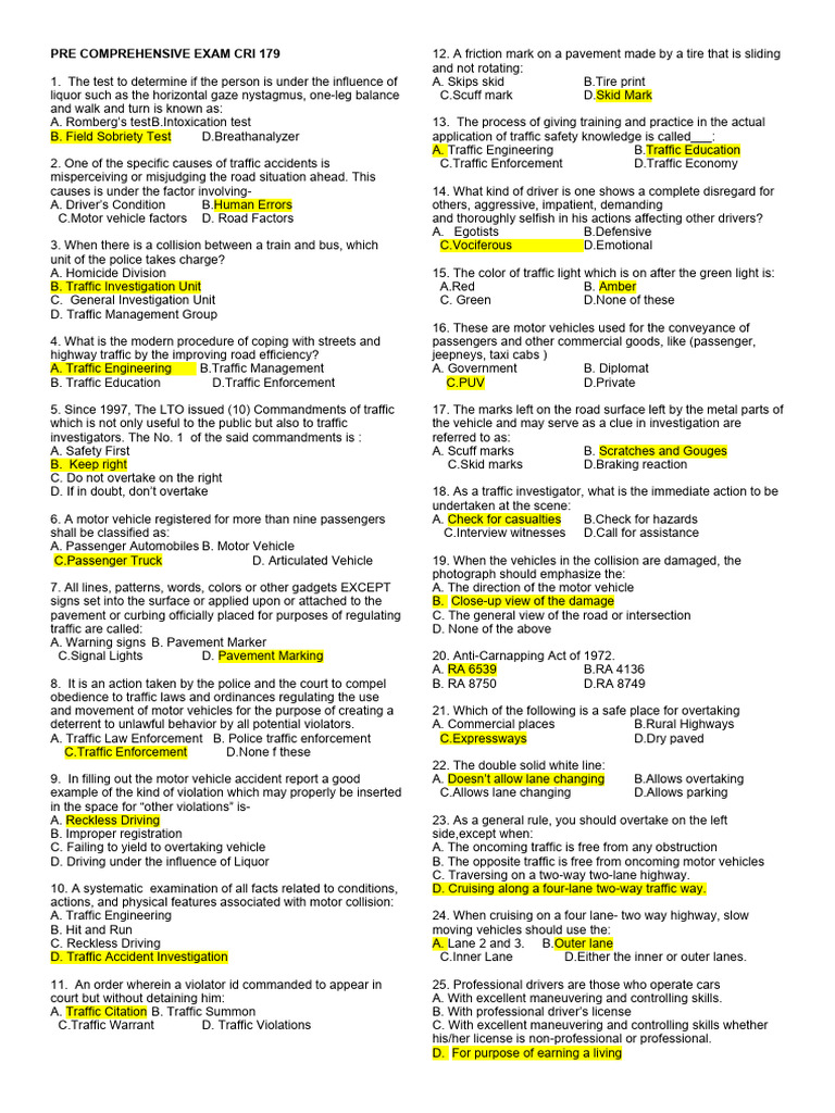 Pre Comprehensive Exam Cri 179 | PDF | Traffic | Traffic Light