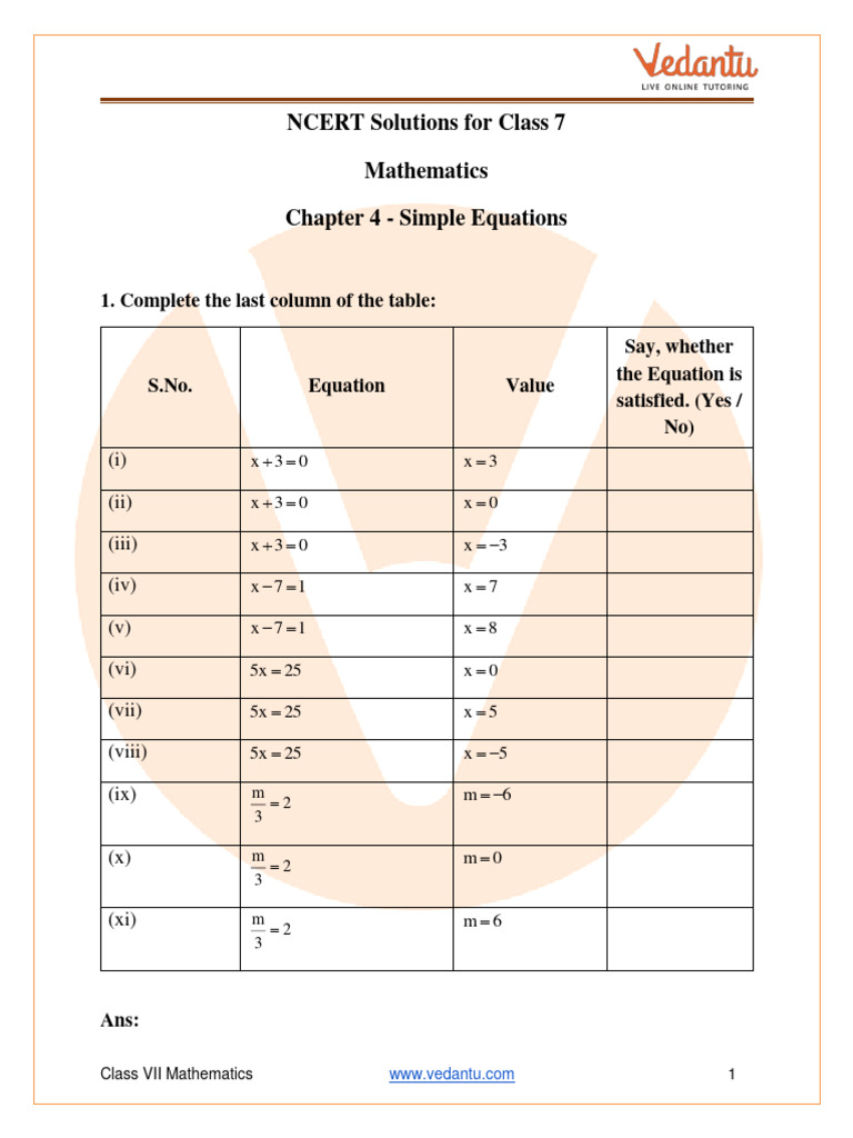 NCERT Solutions For Class 7 Maths Chapter 4 - Simple Equations ...