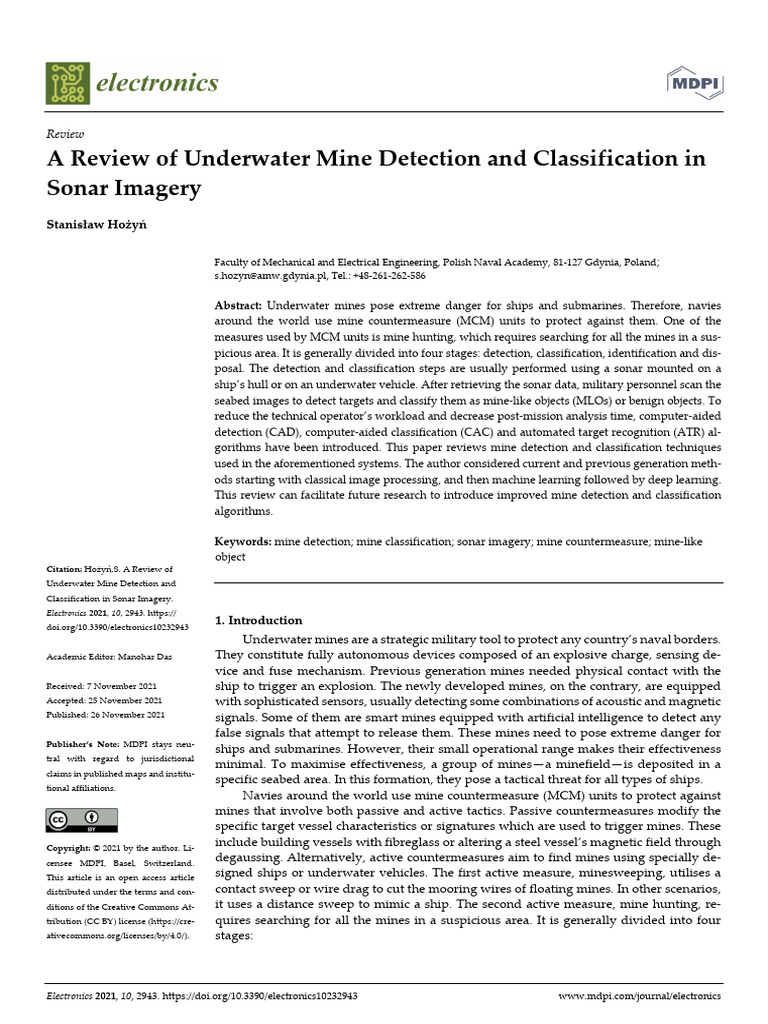 A Review Of Underwater Mine Detection And Classifi Pdf Machine Learning Sonar