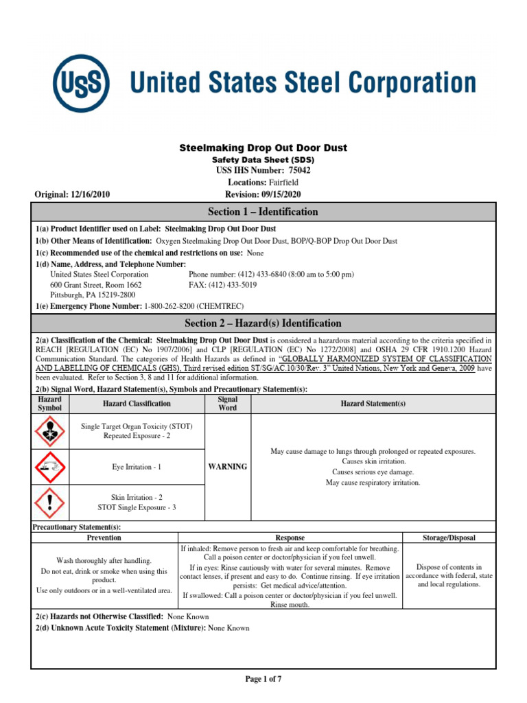 Steelmaking Drop Out Door Dust SDS | PDF | Dangerous Goods ...
