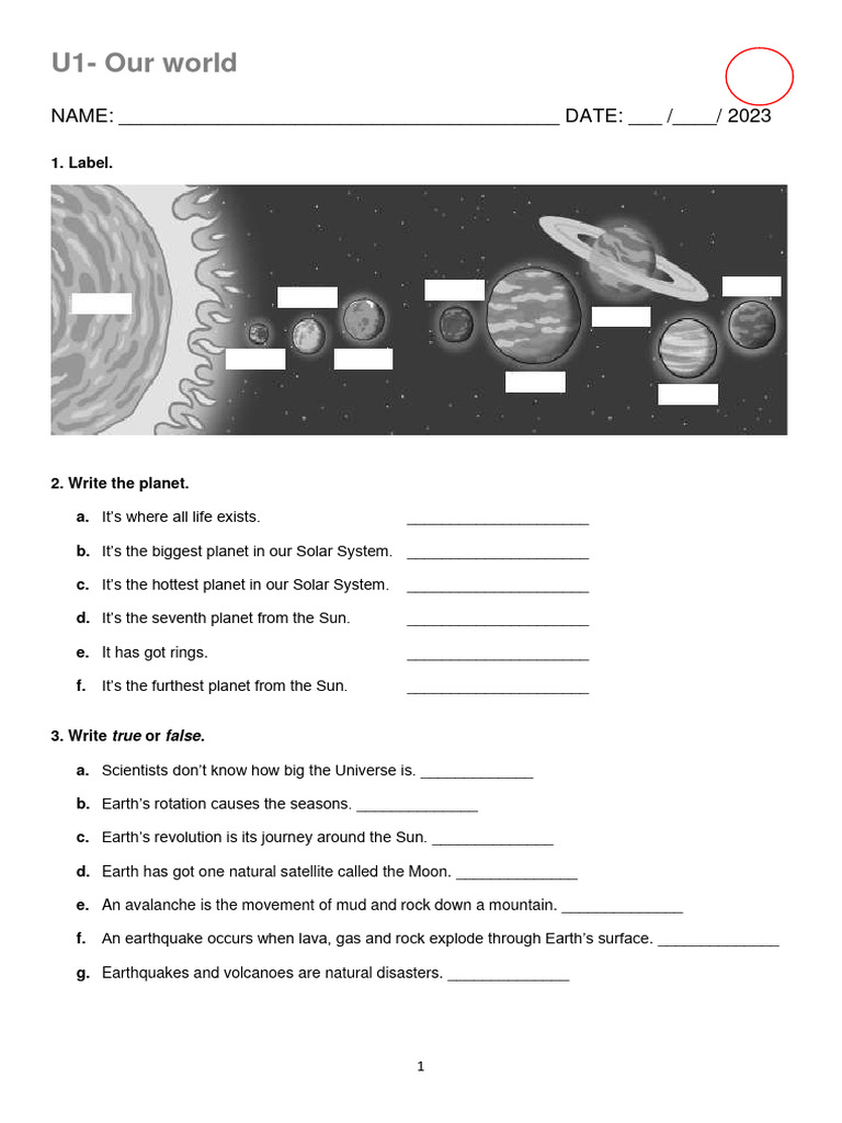 U1.Our World Worksheets | PDF | Planets | Moon