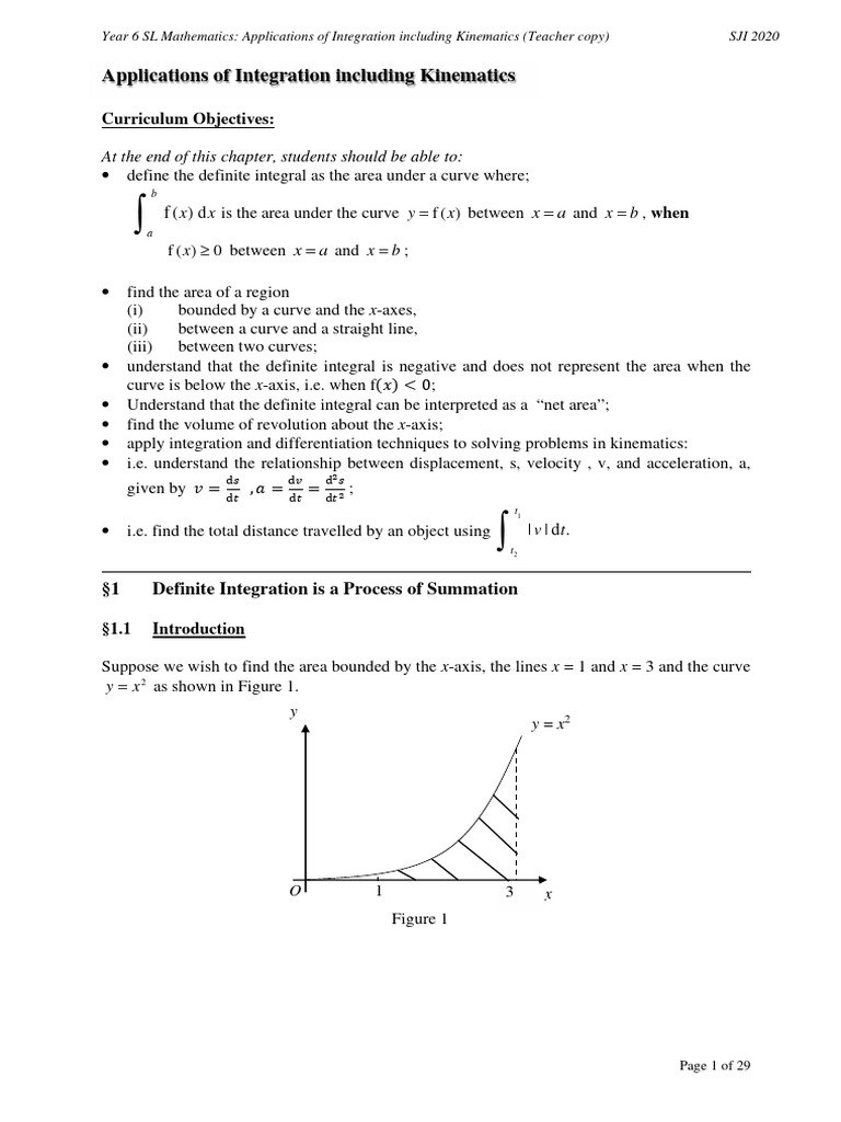 Year 6 Sl Applications Of Integration Including Kinematics 2020 Teacher