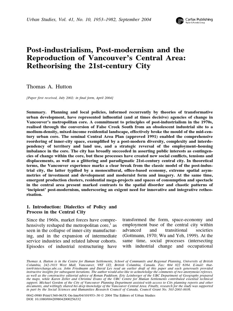 Post-Industrialism, Post-Modernism and The Reproduction of Vancouver's ...