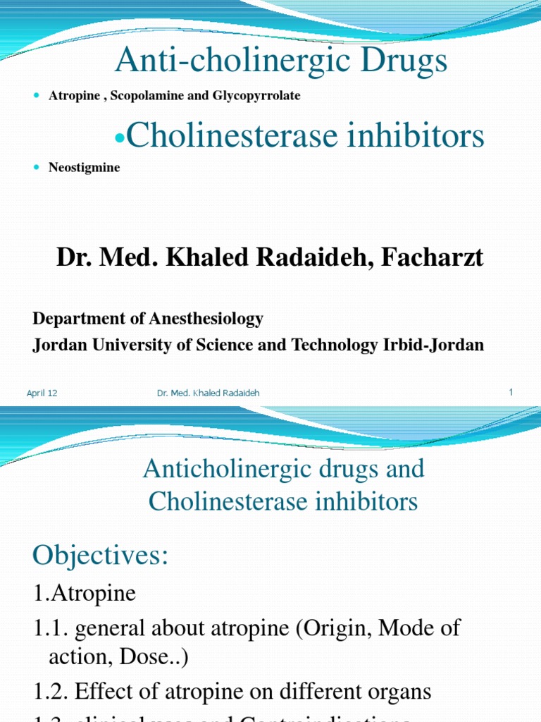 Anti-Cholinergic Drugs and Cholinesterase Inhibitors | PDF ...