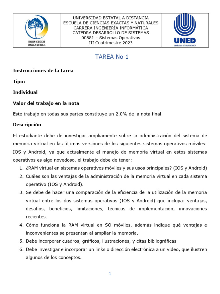2023-IIIC - Tarea No 1 - Asignatura 0881 Sistemas Operativos | PDF