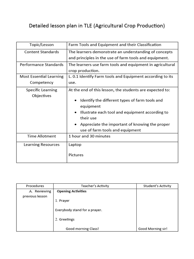 Detailed Lesson Plan in TLE Portrait | PDF | Tillage | Plough