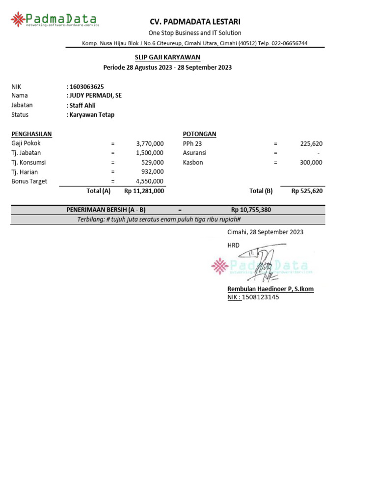 Slip Gaji Karyawan CV. Padmadata Lestari | PDF