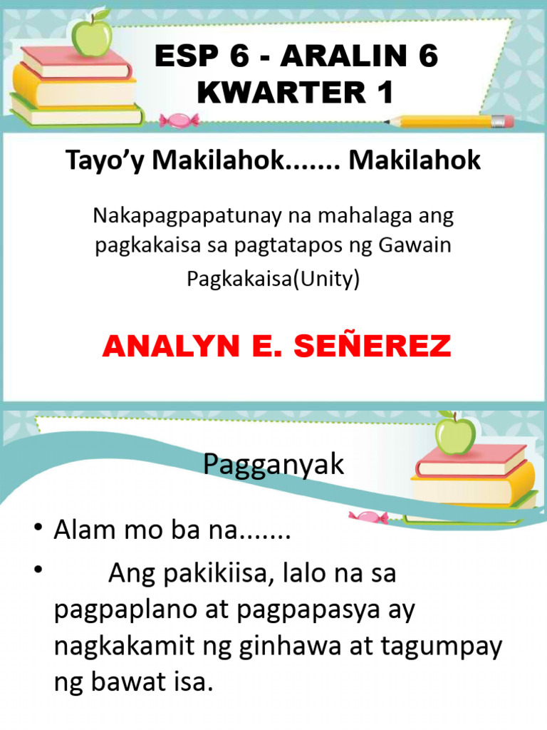 Esp 6 - Aralin 6 Kwarter 1: Tayo'y Makilahok....... Makilahok | PDF
