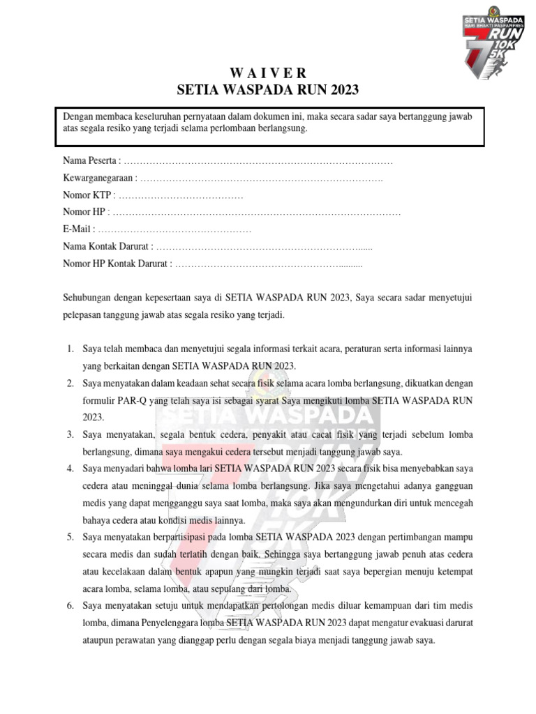 W A I V E R SETIA WASPADA RUN 2023 | PDF