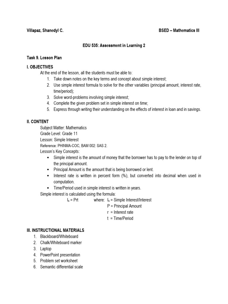 Grade 11 Lesson Plan on Simple Interest | PDF | Interest | Lesson Plan
