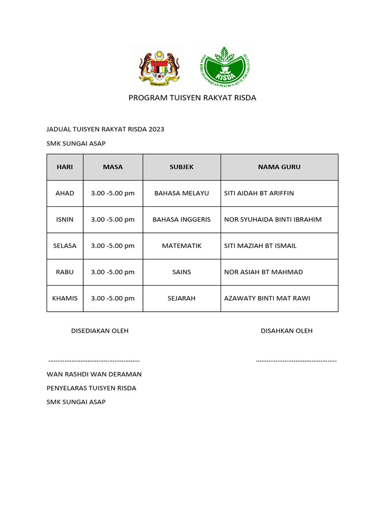 Jadual Tuisyen Risda 2023 | PDF