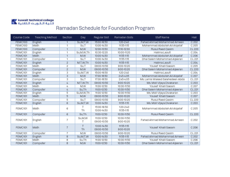 Foundation Classes Ramadan Schedule | PDF