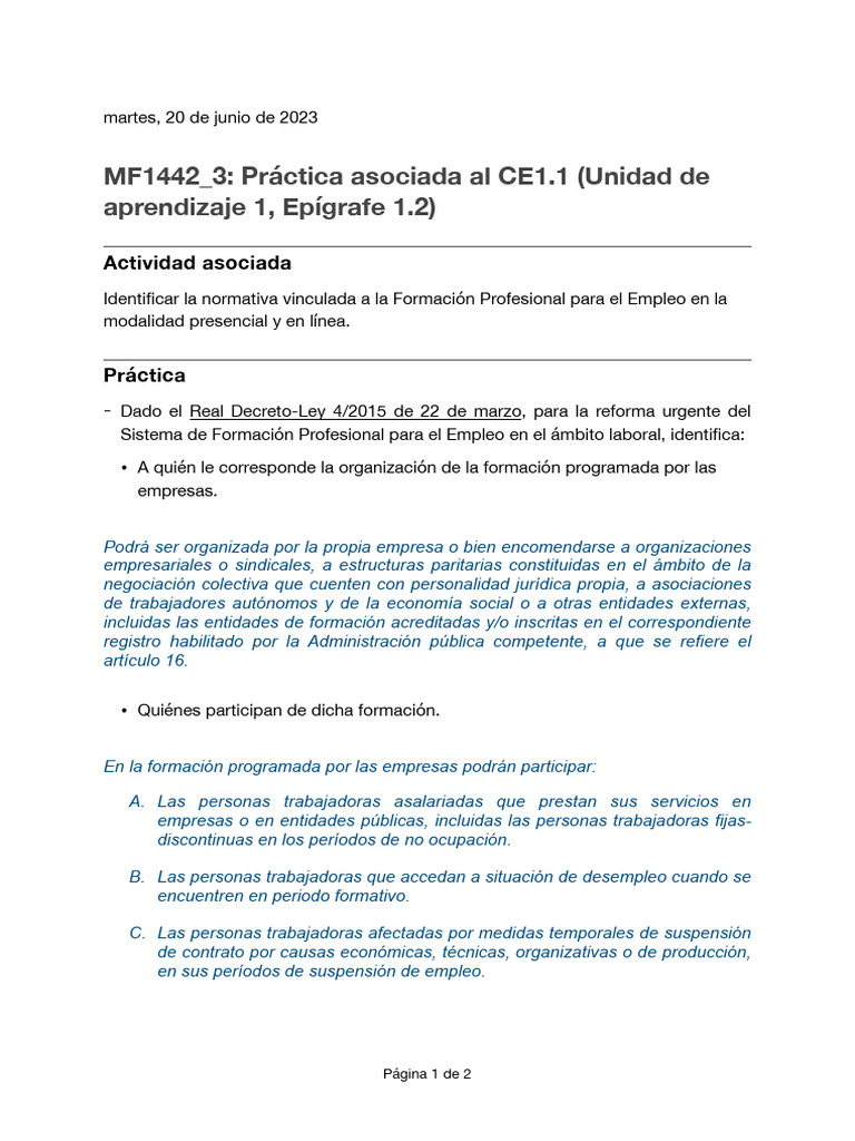 MF1442_3: Práctica asociada al CE1.1 (Unidad de aprendizaje 1, Epígrafe 1.2) | PDF | Desarrollo ...