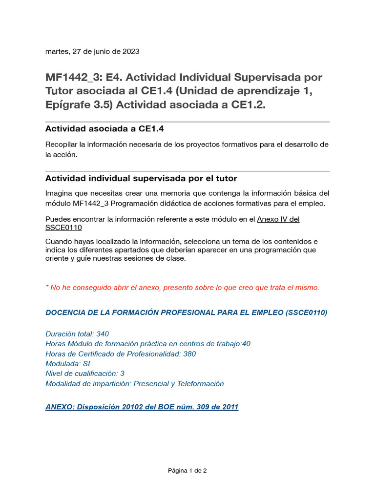 MF1442 - 3: E4. Actividad Individual Supervisada Por Tutor Asociada Al CE1.4 (Unidad de ...