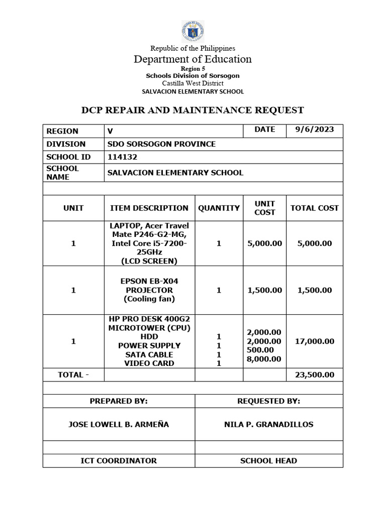 DCP Repair and Maintenace Request | PDF