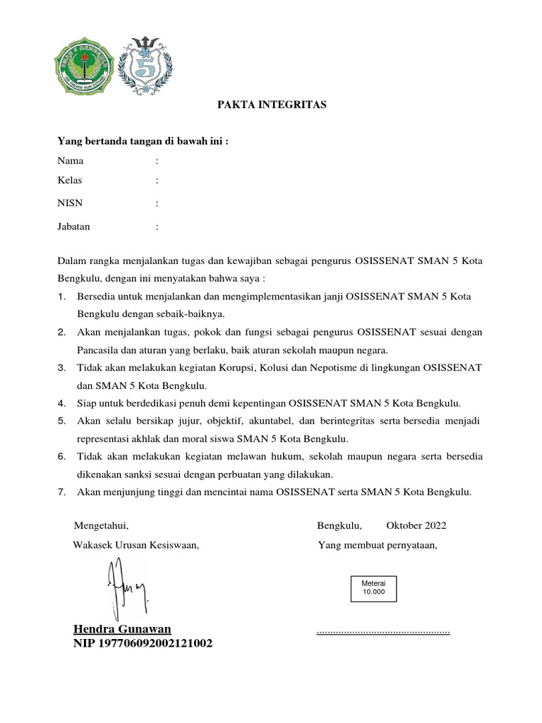 PAKTA INTEGRITAS OSIS 2022 2 | PDF