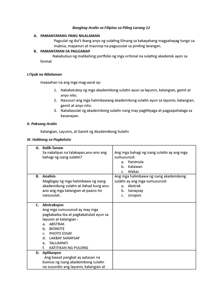 Banghay Aralin Sa Filipino Sa Piling Larang 12 | PDF