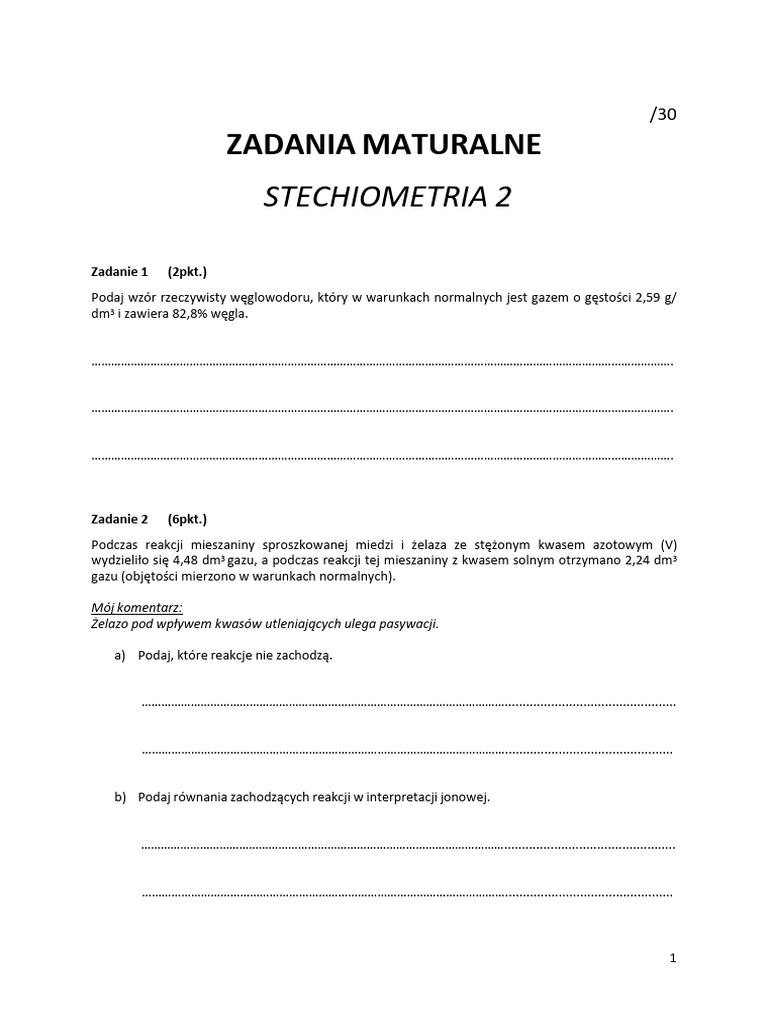 ZADANIA MATURALNE Stechiometria 2 | PDF