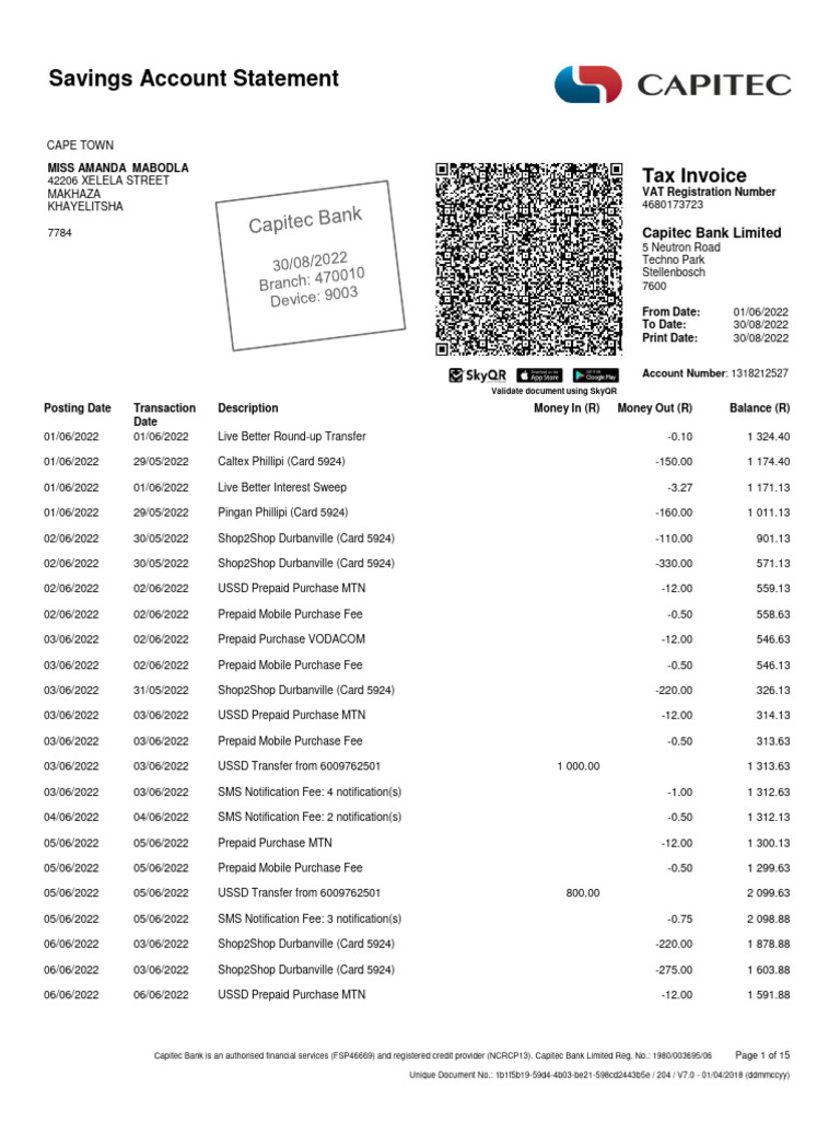 Capitec Savings Statement | PDF | Debit Card | Stored Value Card