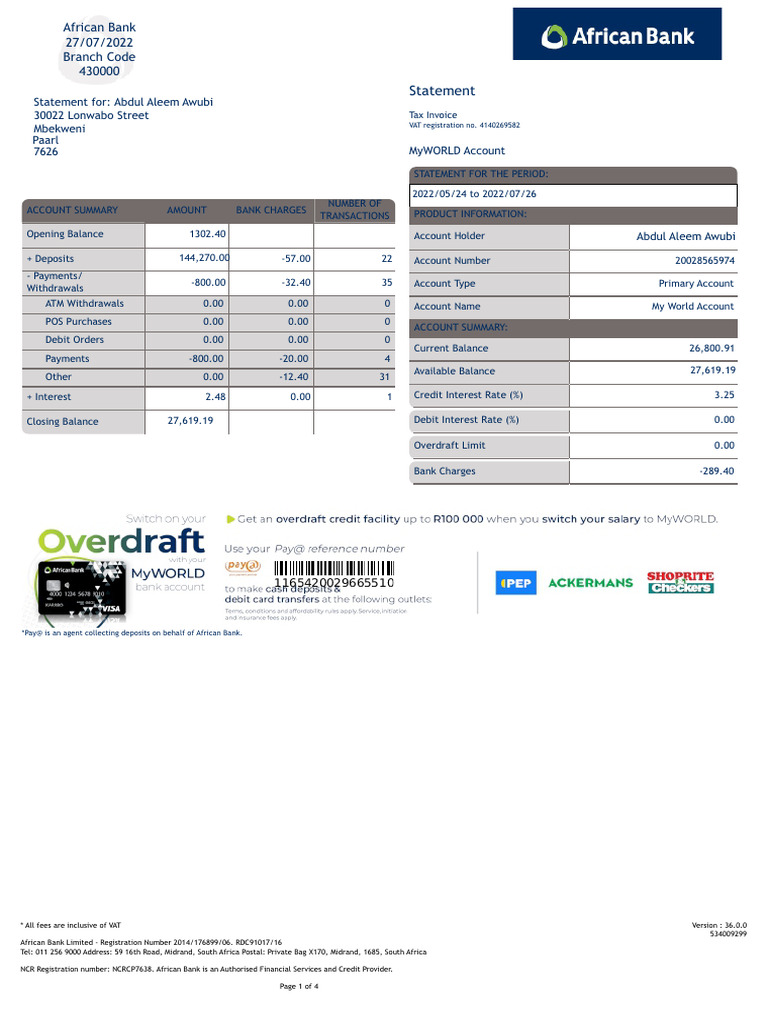 African Bank Account Statement | PDF | Banks | Debit Card